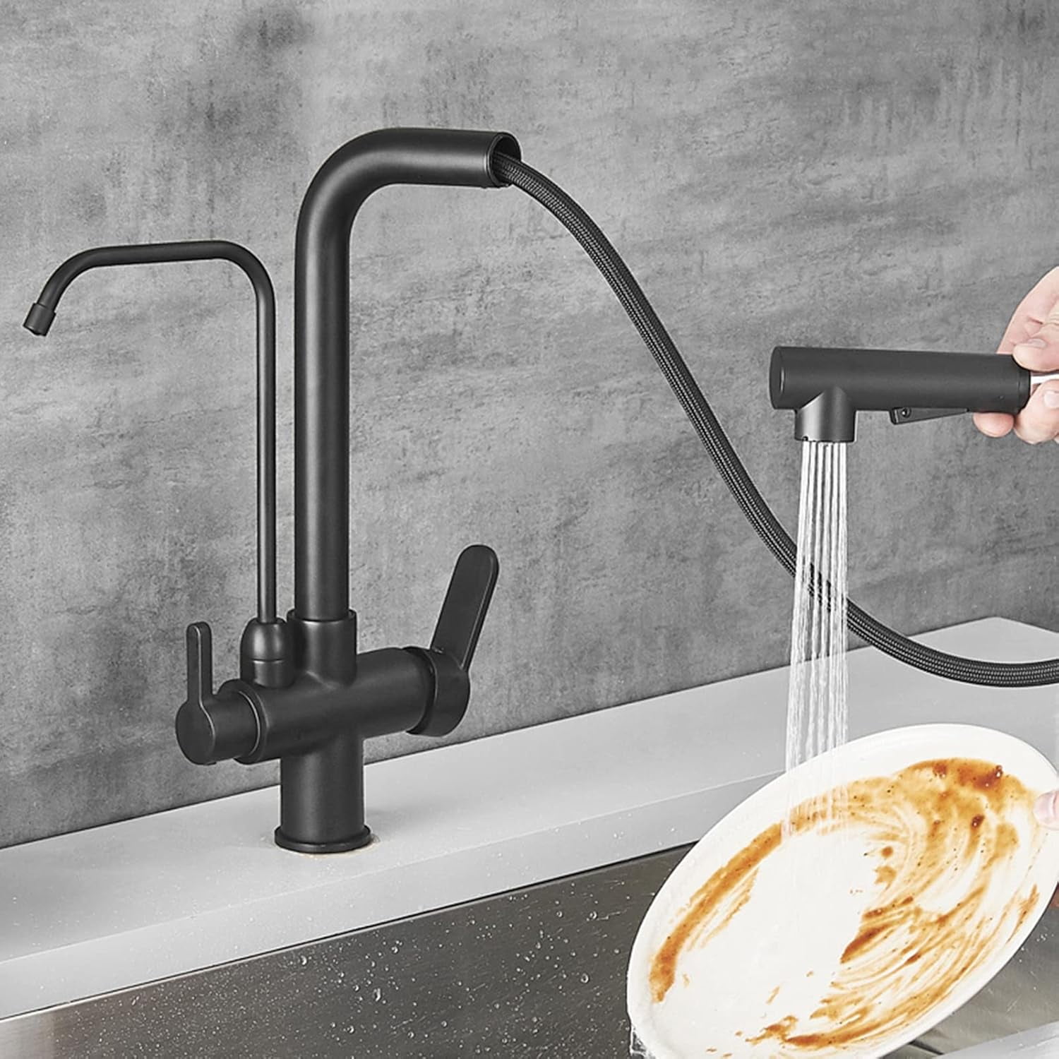 3 Way Kitchen Taps with Pull Out Spray, Kitchen Faucet Black Sink ...