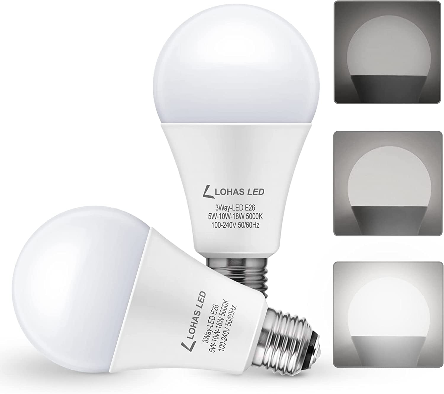 3-Way LED Light Bulbs, 50/100/150W Equivalent, Daylight White 5000K, 2 ...