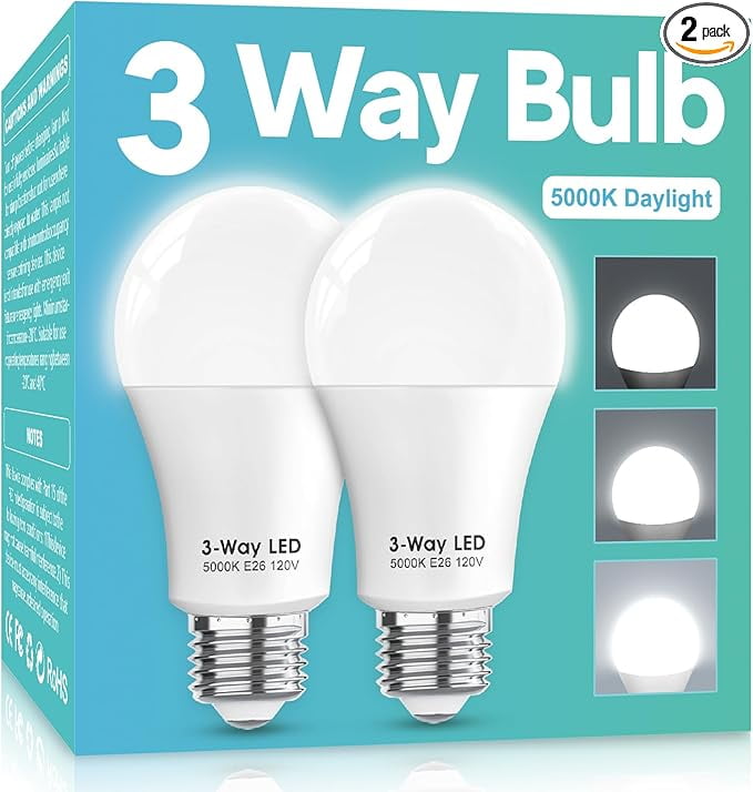 Gonhom 3 Way LED Light Bulbs 50 100 150W Equivalent, Daylight White 5000K, A19 E26 Base ...