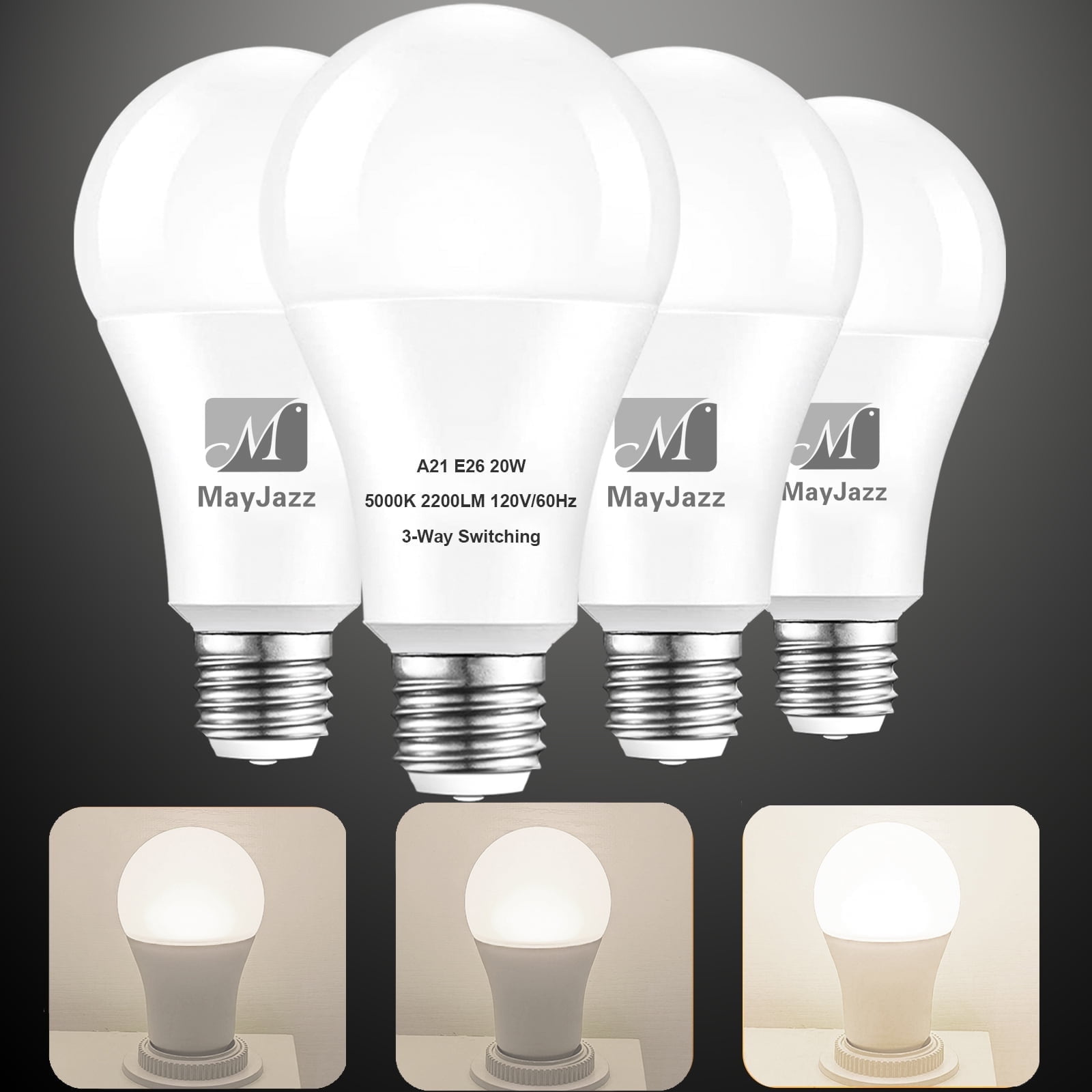 M MayJazz 3-Way LED Light Bulbs, 50 100 150 Watt Equivalent, 5000K ...