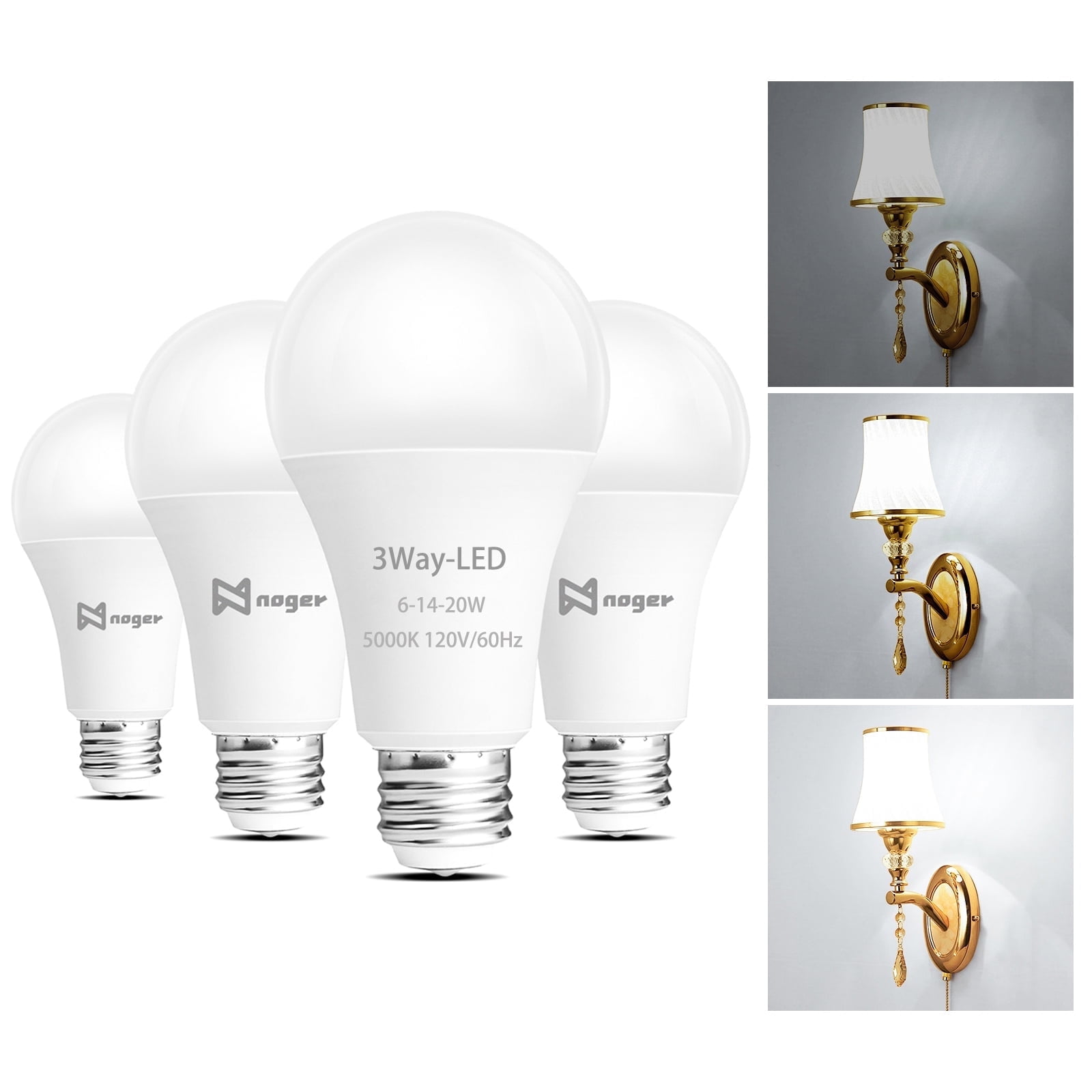 Noger 3-Way LED Light Bulbs A21, 50/100/150W Equivalent, 5000K Daylight ...