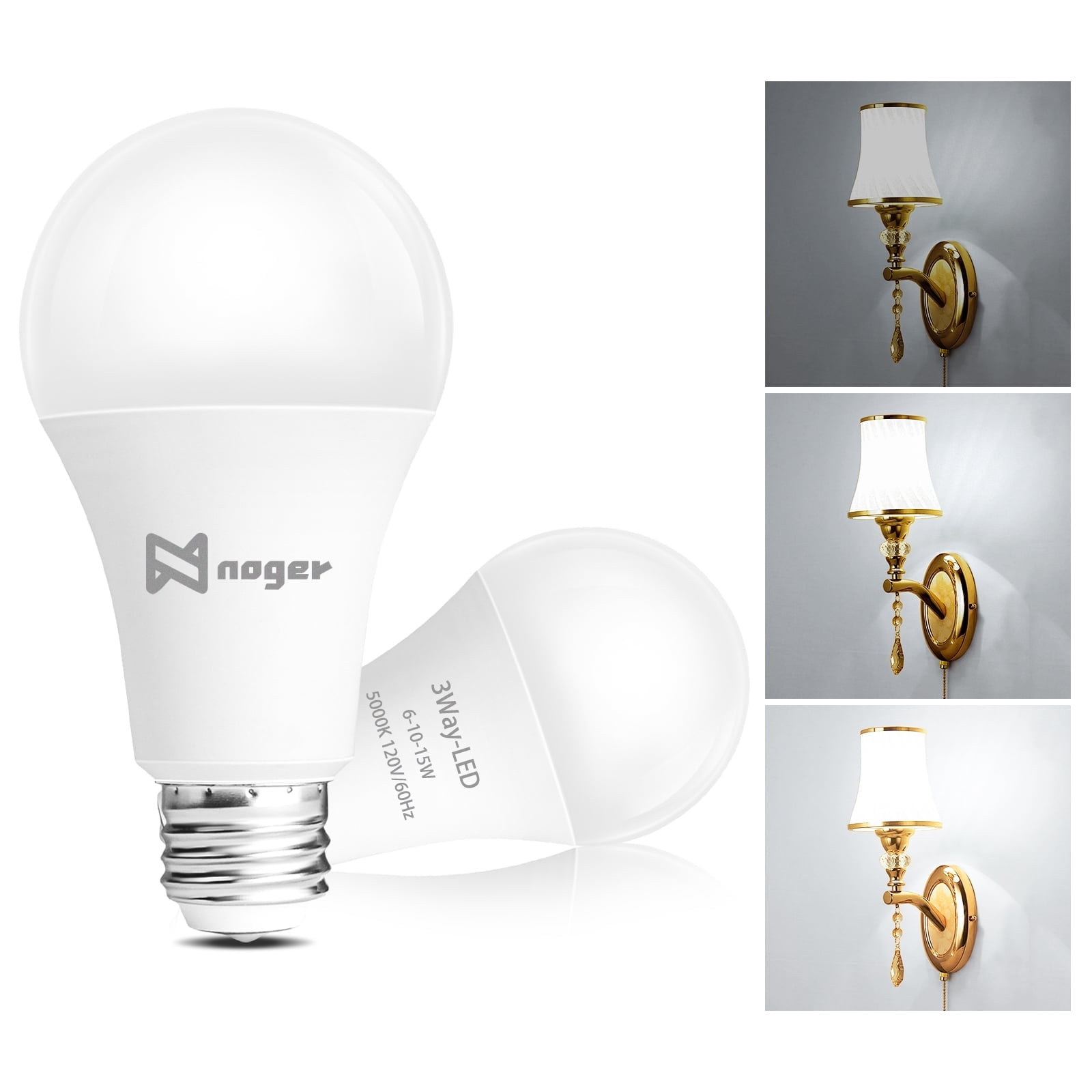 Noger 3 Way Light Bulbs, 2 Pack, 30-70-100W Equivalent, 5000K Daylight ...
