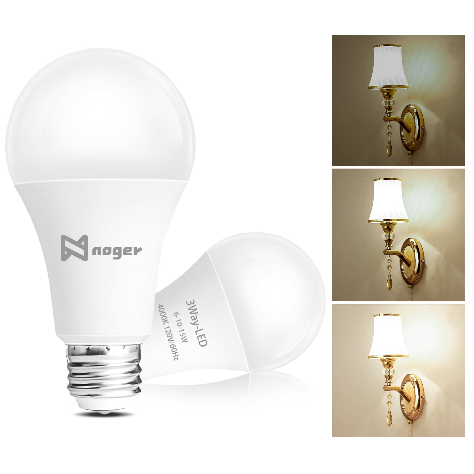Noger 3 Way Light Bulbs 2 Pack, 30 70 100W Equivalent, E26 Base, 4000K ...