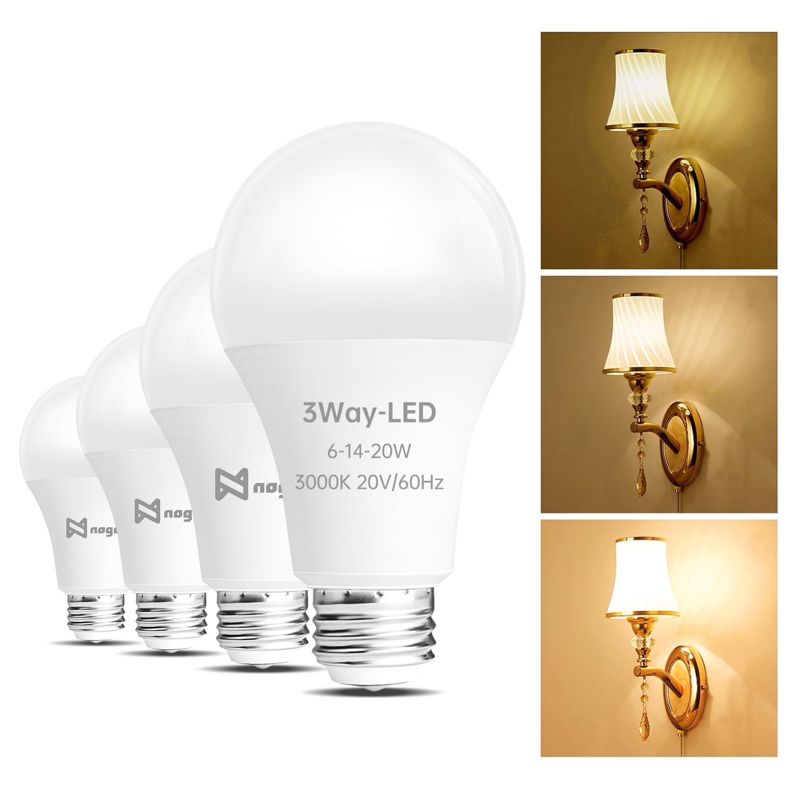 Noger 3 Way LED Light Bulbs, 4 Pack, 30/70/100W Equivalent, 3000K Warm ...