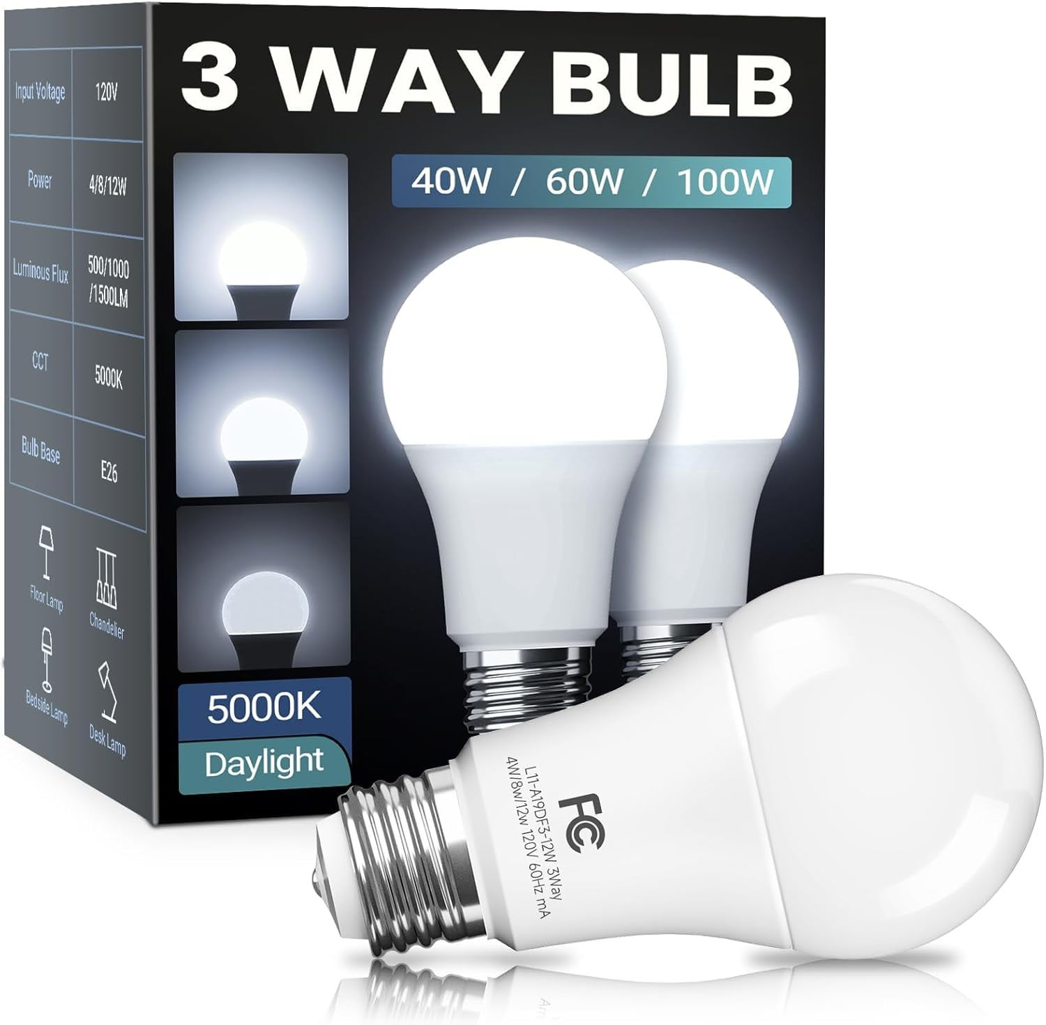 3 Way Light Bulbs 40 60 100 Equivt Daylight White 5000K, Dimmable A19 ...