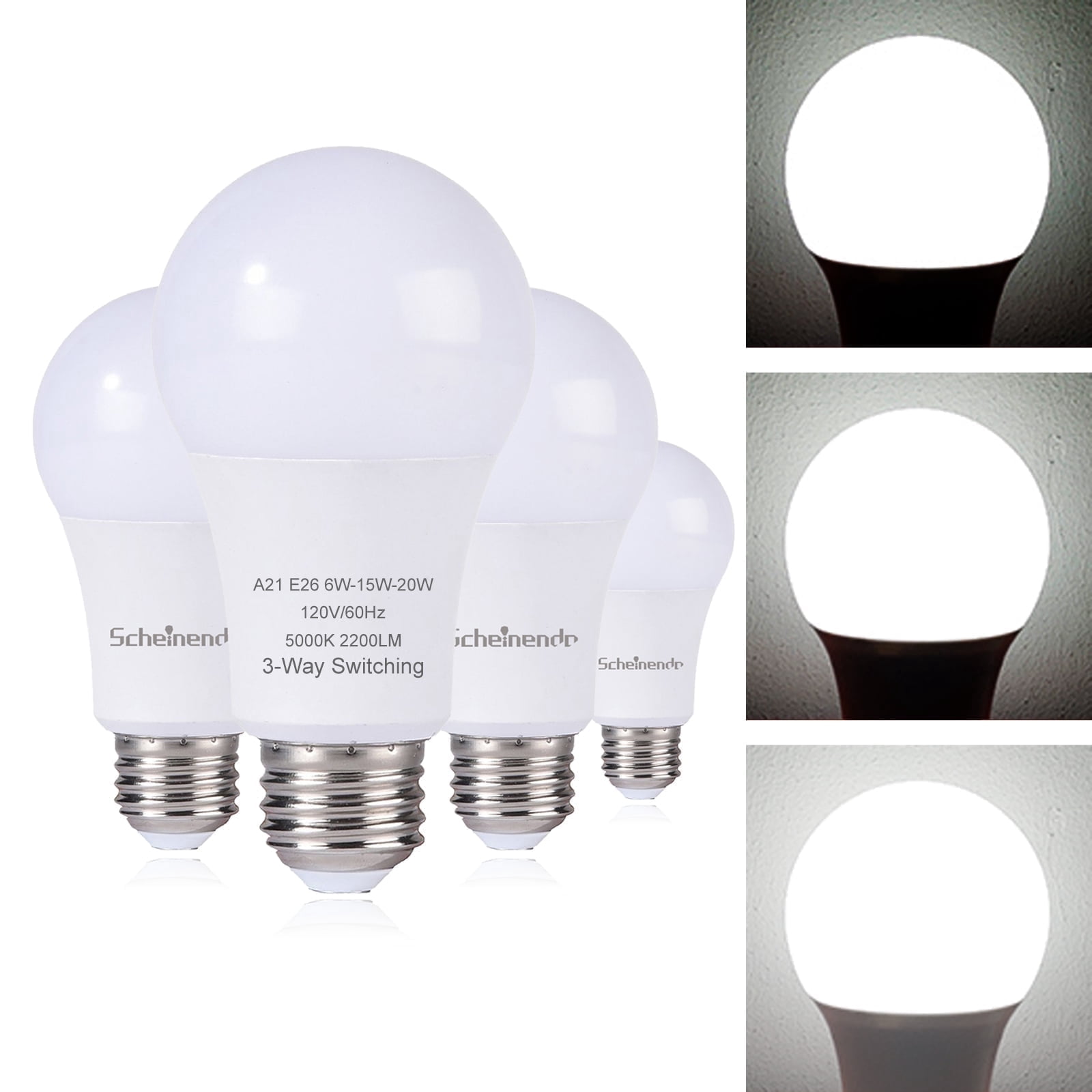 Scheinenda 3-Way LED Bulbs, 5000K Daylight, 50W/100W/150W Equivalent ...