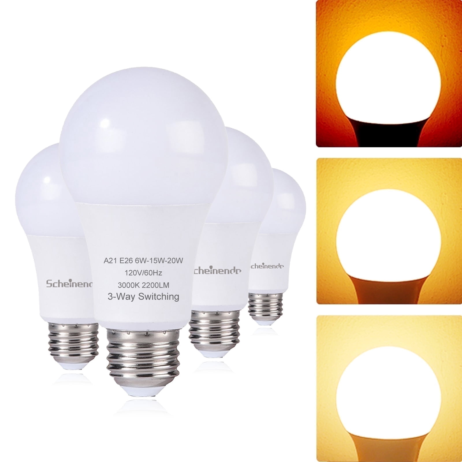 Scheinenda 3-Way LED Light Bulbs, 50W 100W 150W Equivalent, Warm White ...