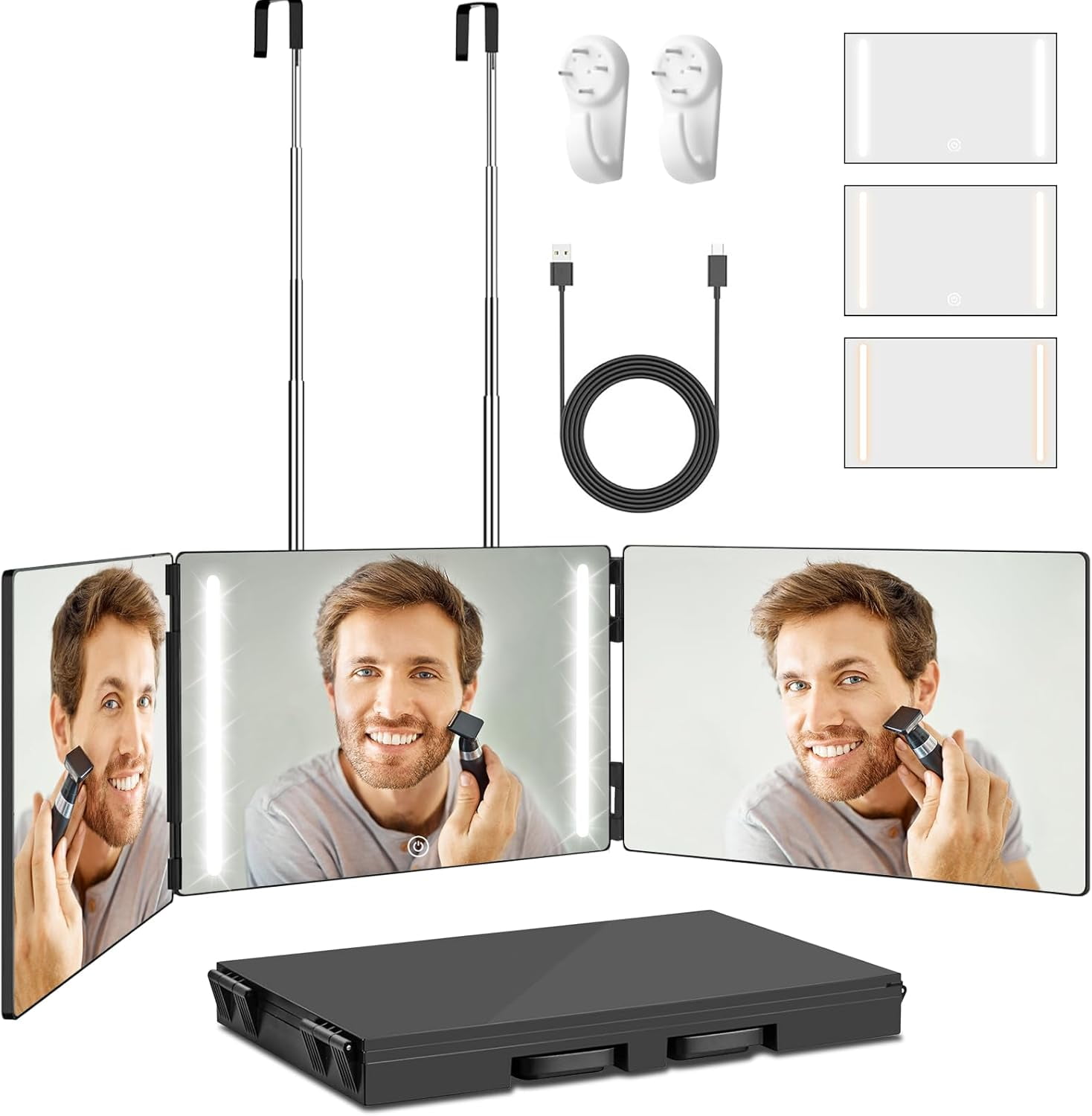 3 Way Mirror for Self Hair Cutting with LED Lights, Rechargeable Self ...