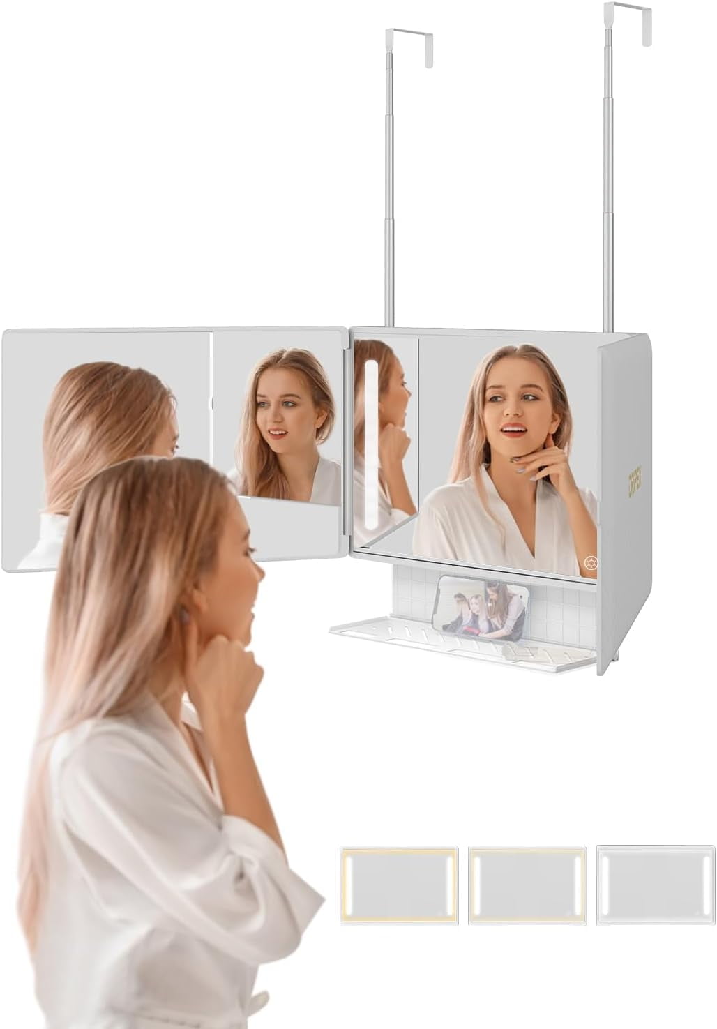 3 Way Mirror with Storage Shelf and 3 Color LED Lights, Rechargeable ...