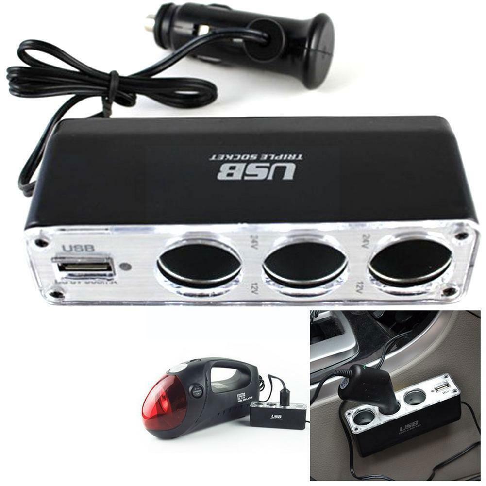 3 Way Multi Socket Car Cigarette Lighter Splitter USB Adapter With ...