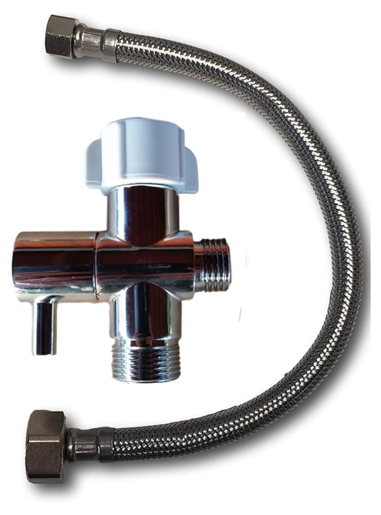3-Way T Adapter Brass Bidet Valve with Shut Off & 14" Steel Hose - 7/8 ...