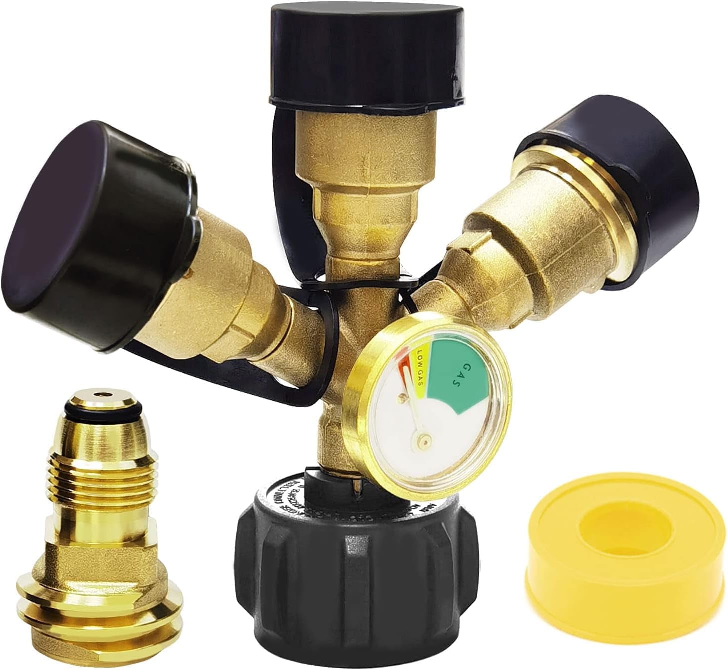 3 Way Tank Propane Splitter QCC/POL with Gauge and Shut-Off Valve, Y ...