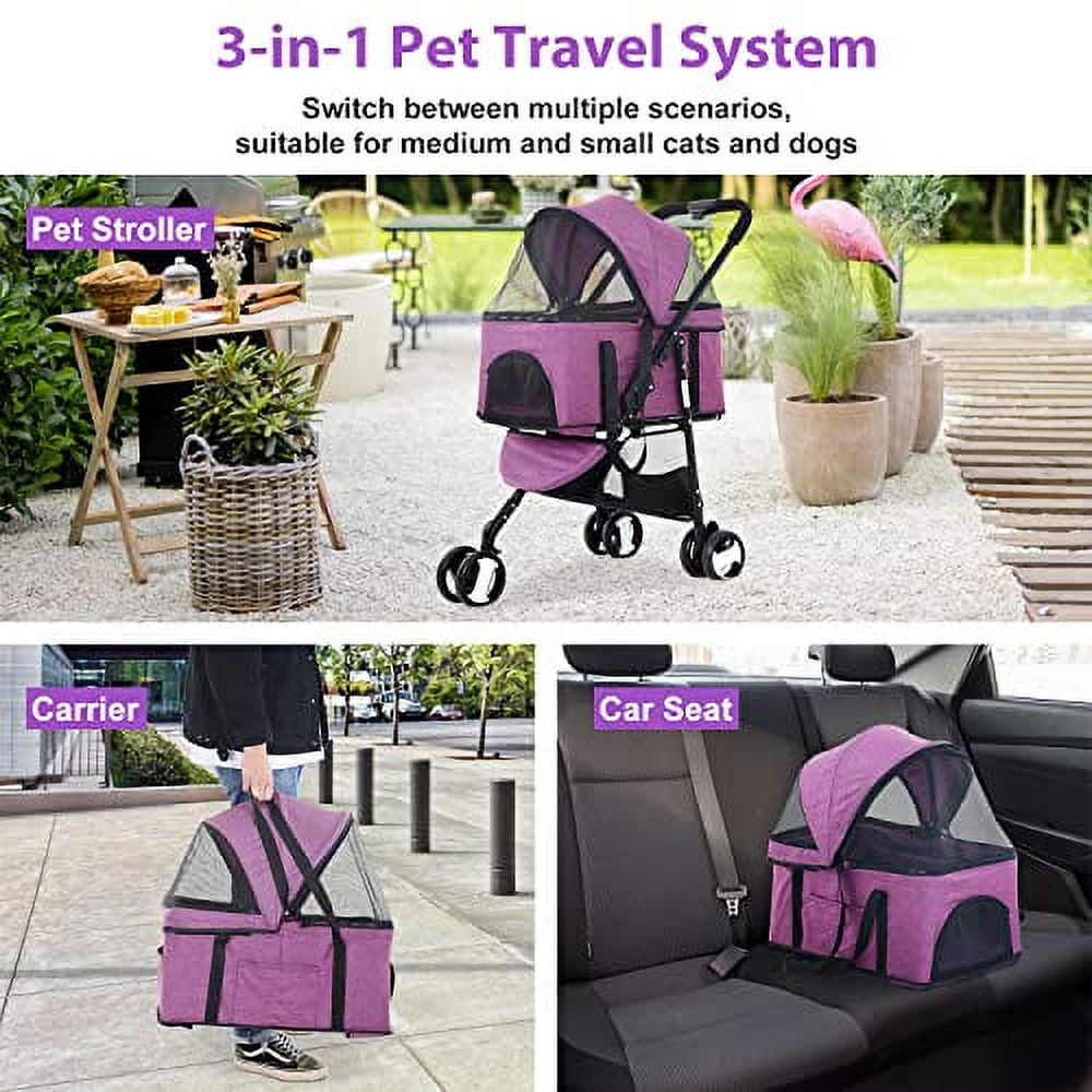 3 Wheel Pet Stroller Cat Dog Strollers for Small Medium Dogs 3-in-1 ...