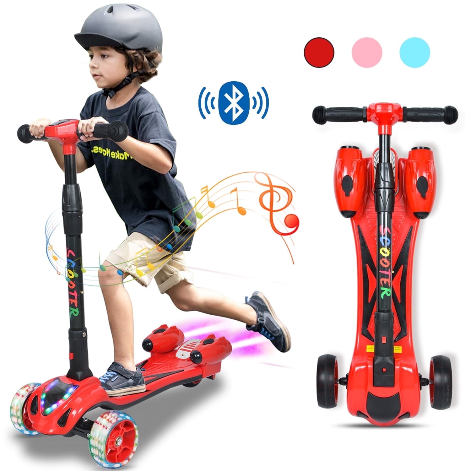 Kids 3-Wheel Scooter with LED Lights, Bluetooth Music & Rocket Steam ...