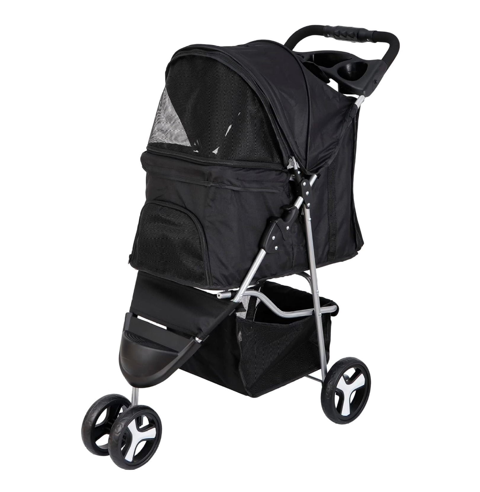 3 Wheels Dog Stroller, Pet Strolling Cart with Skylight Storage Basket ...