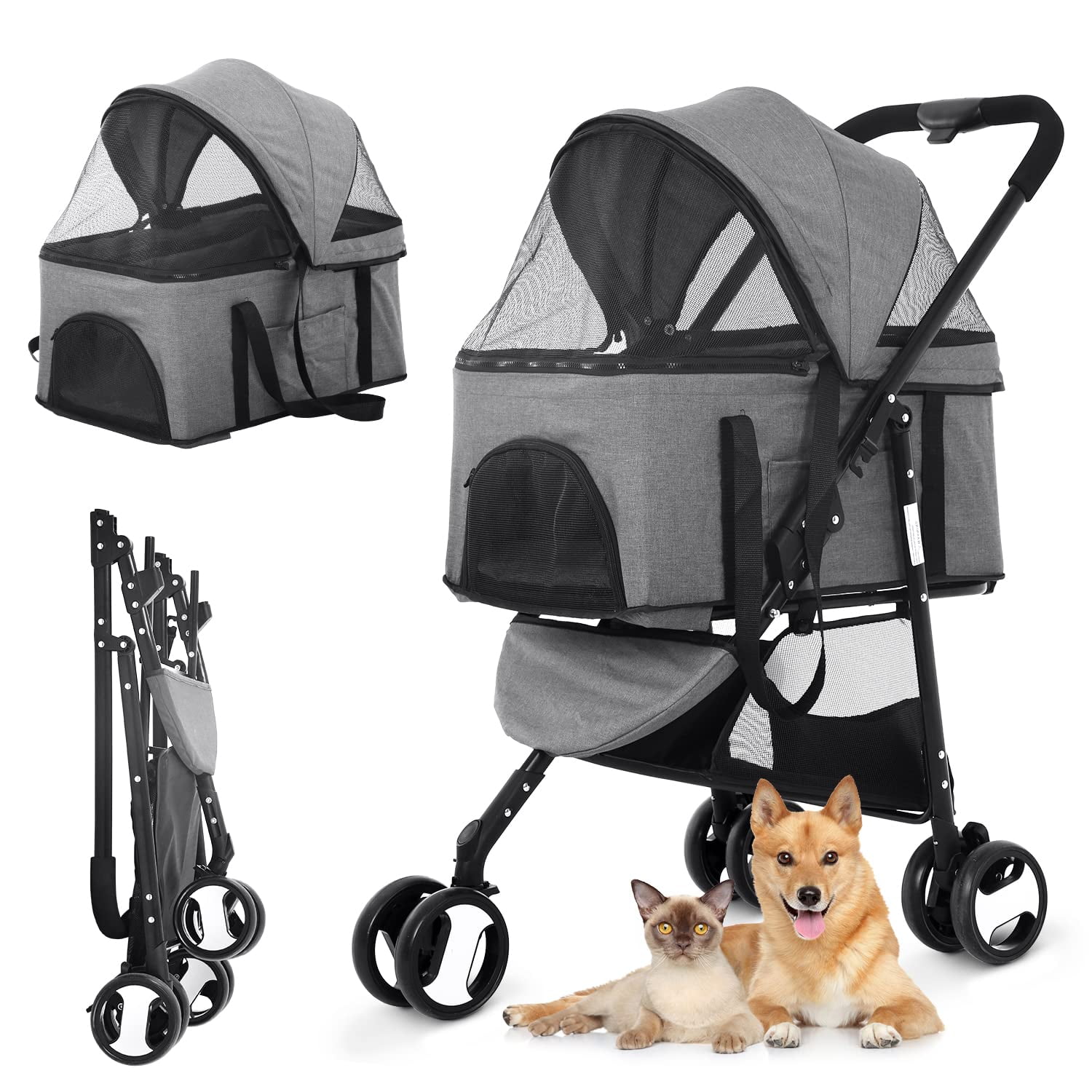 3 Wheels Pet Stroller Cat Dog Stroller for Small Medium Dogs 3-in-1 ...