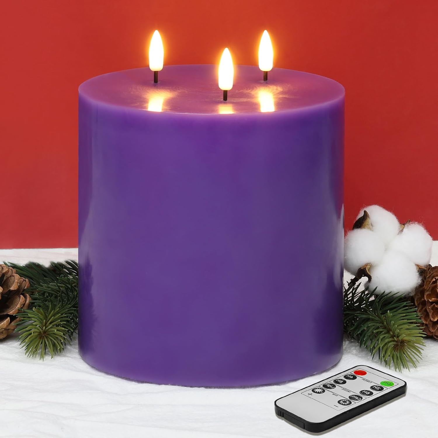 3 Wick Purple Flameless Candle with Remote, Real Wax Flickering LED ...