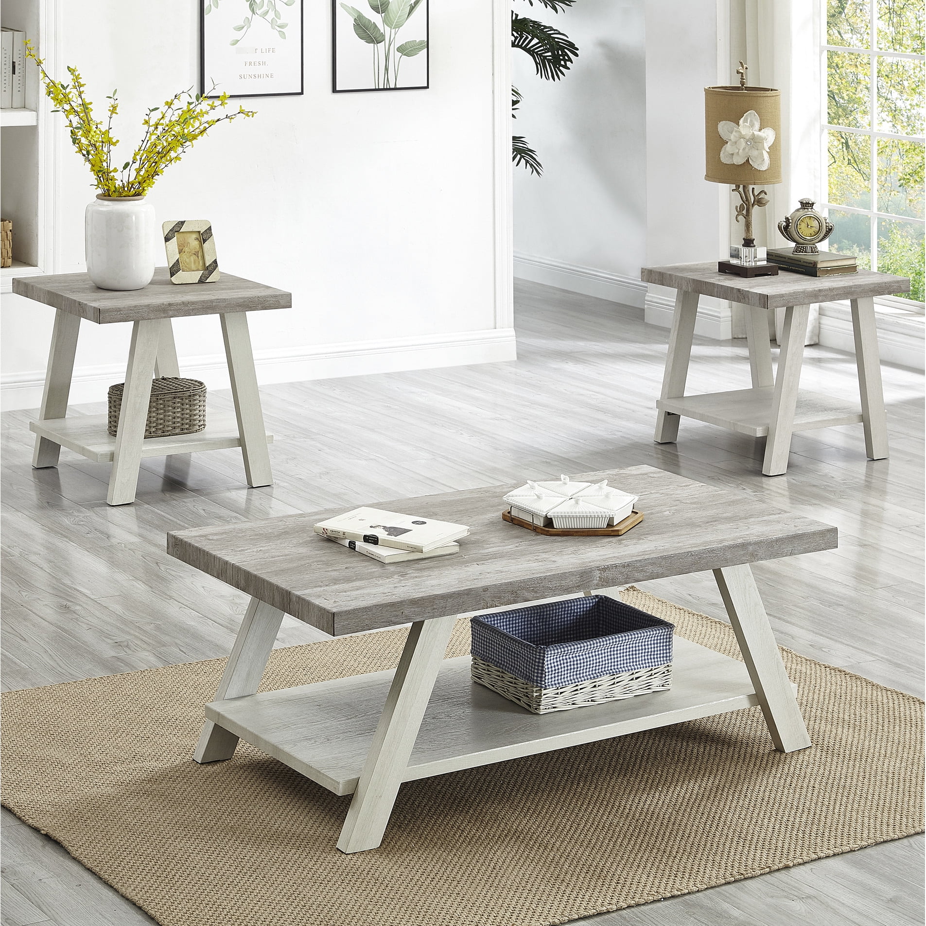 3 Wood Coffee Table - In Weathered Gray And Beige, Rectangular Tops ...