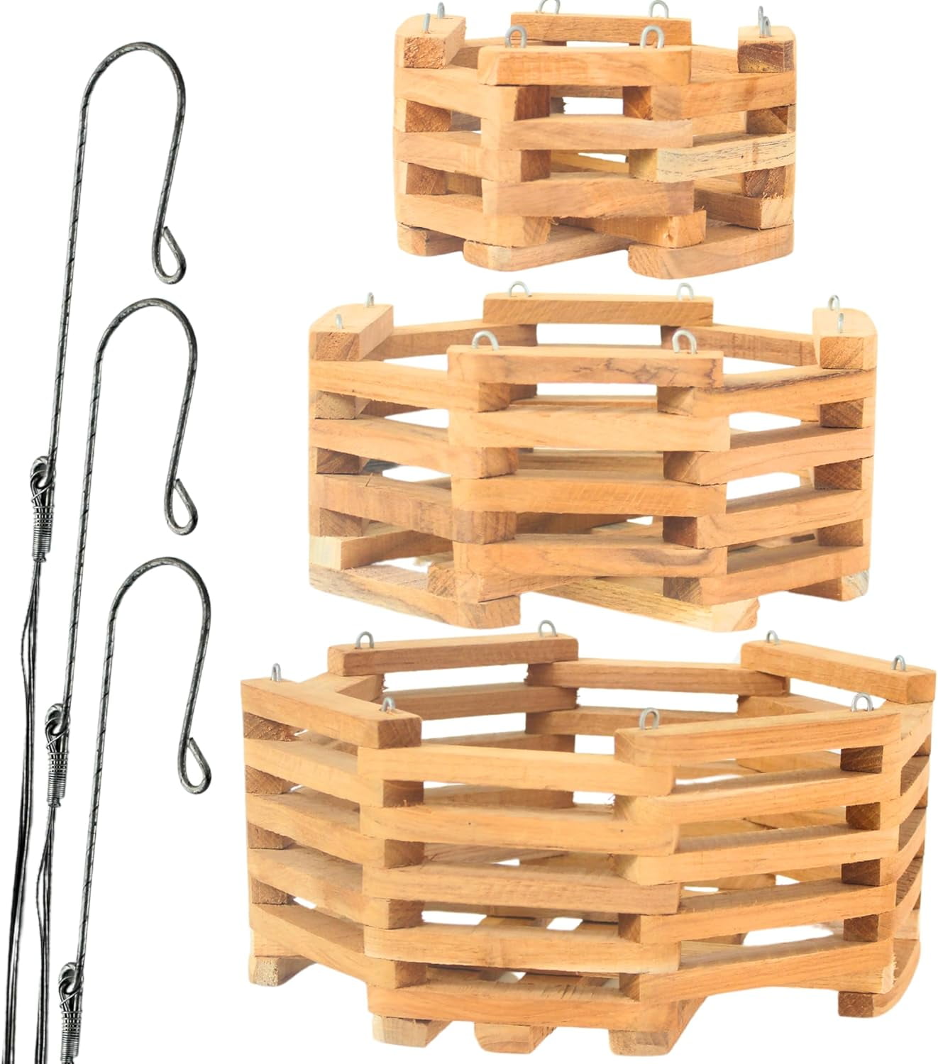 3 Wooden Octagon Shaped Orchid Baskets for Outdoors with Hangers ...