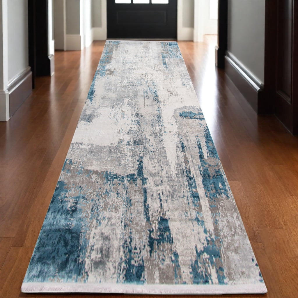 3' X 10' Gray Blue And Ivory Abstract Runner Rug With Fringe - Walmart.com