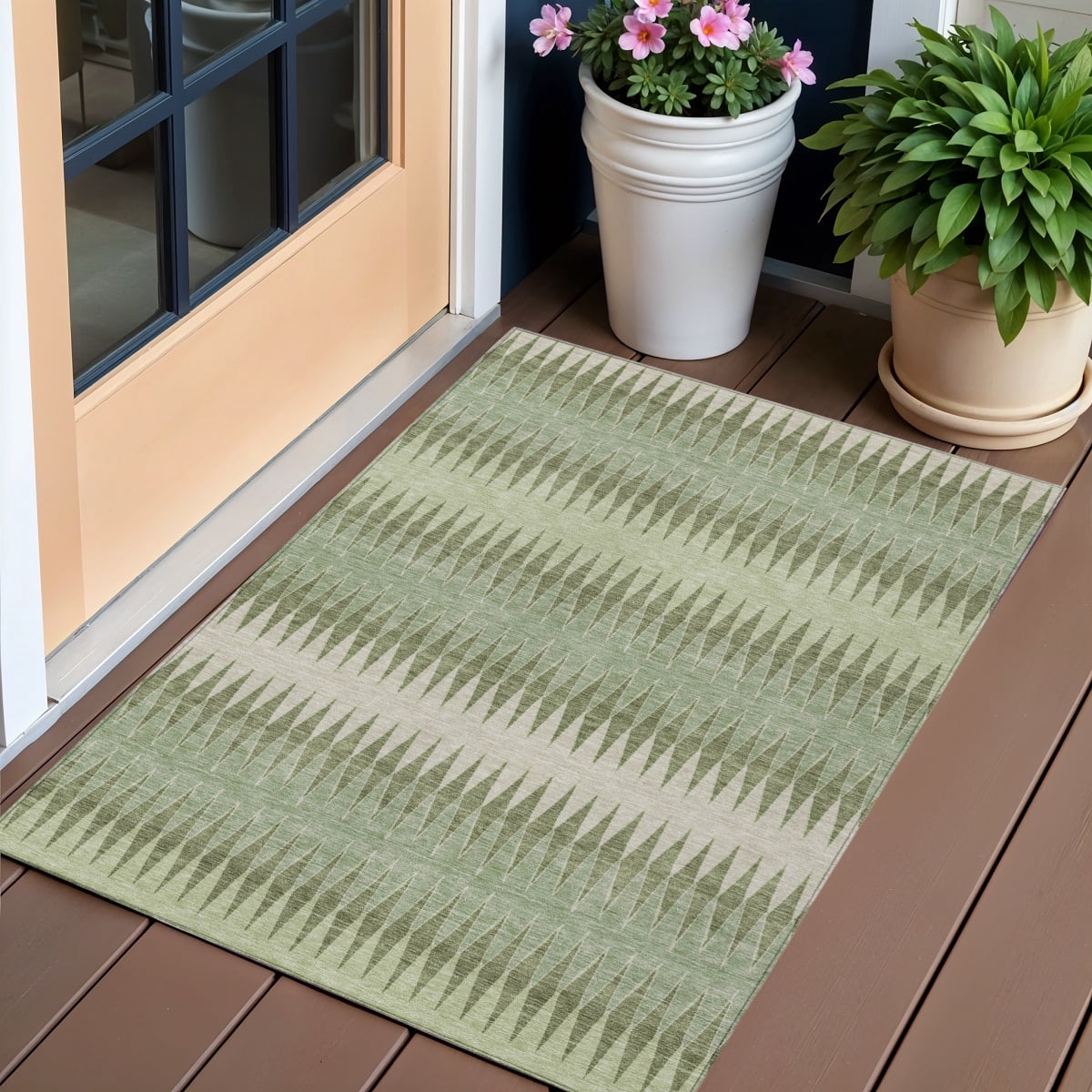 3' X 5' Artichoke Green And Light Green Striped Washable Indoor Outdoor ...