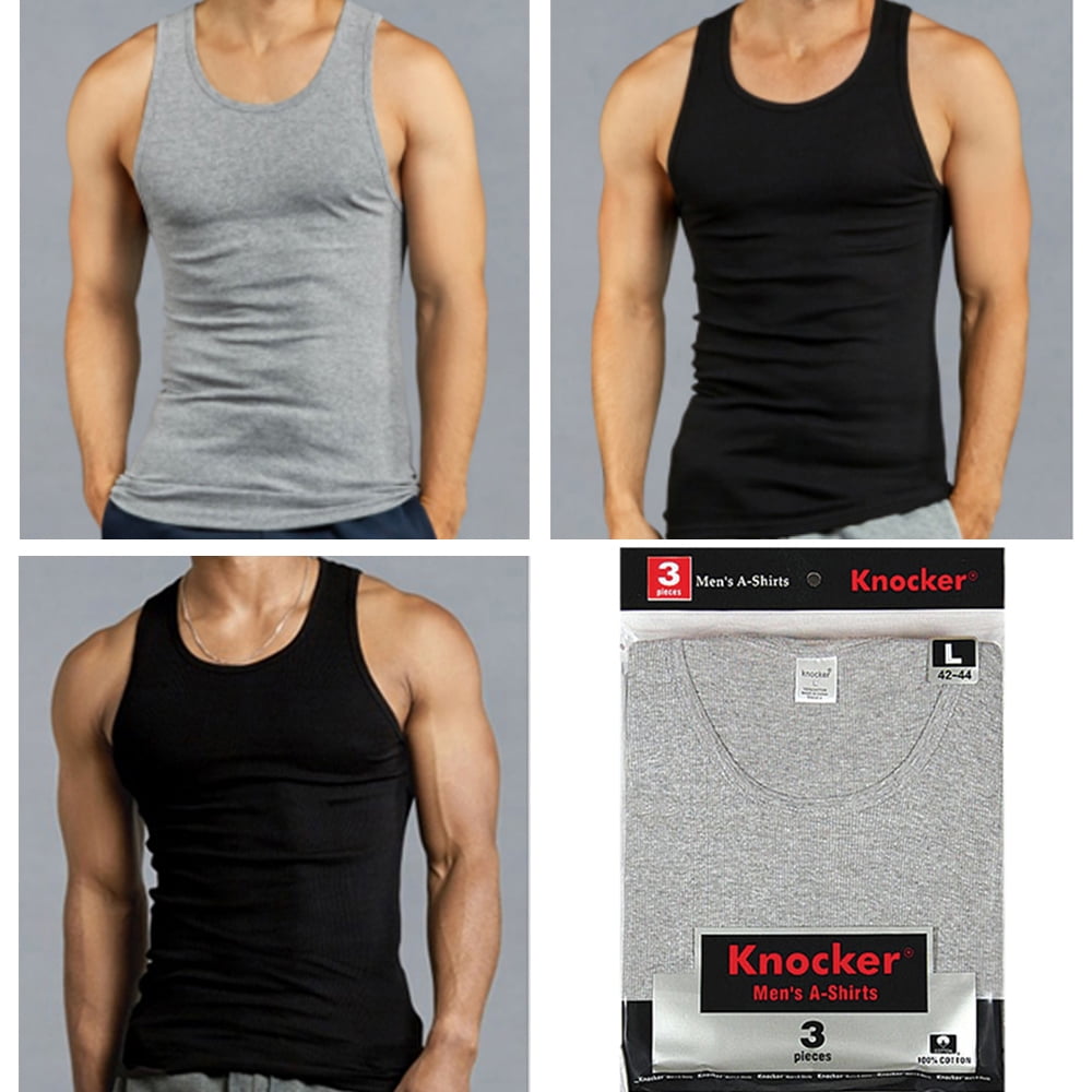 Knocker Mens Tank Tops, 100% Cotton Ribbed Undershirt, Black and Gray ...