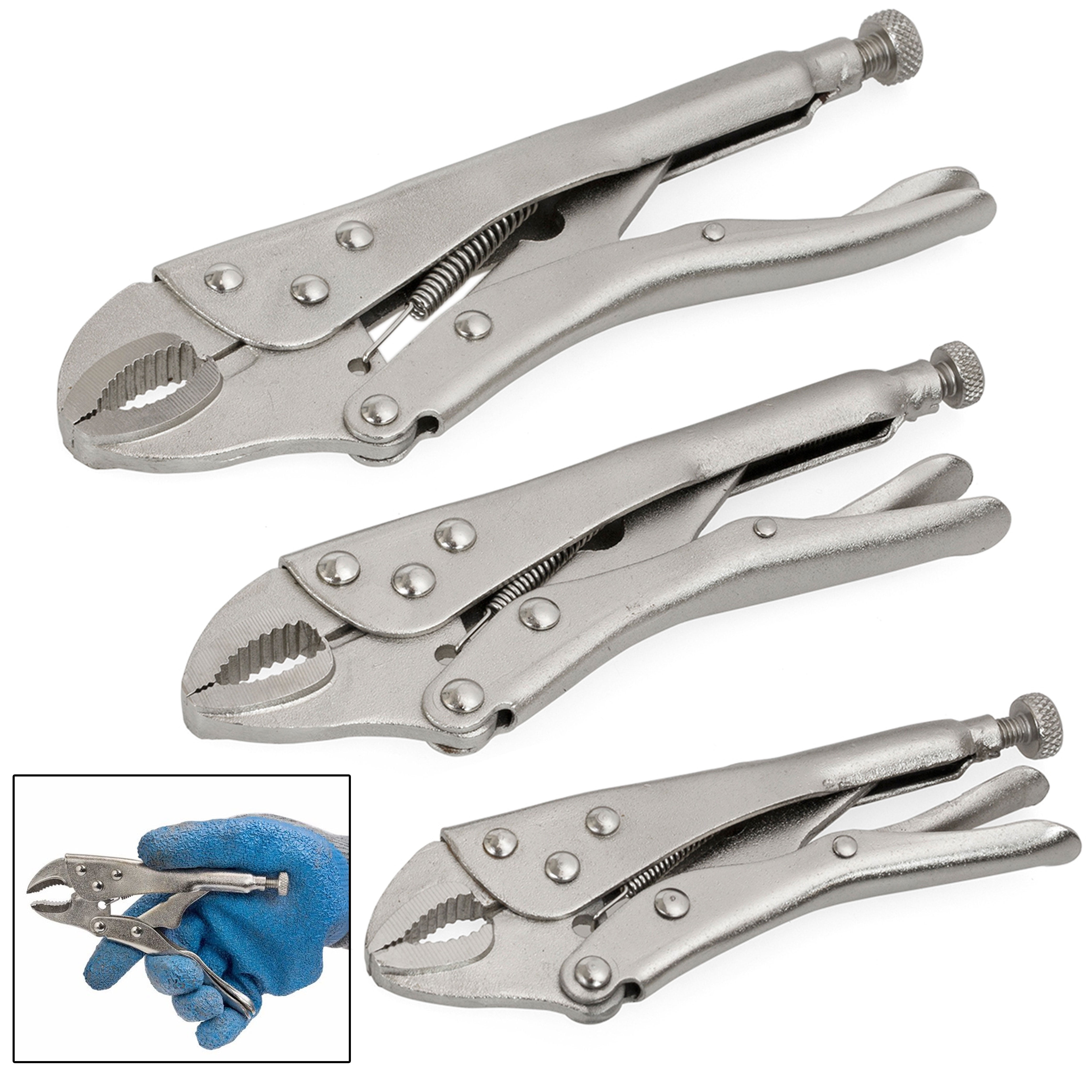 All Top Bargains 3 Pc Locking Pliers Set, 5", 7", 10" Curved Jaw Vise ...