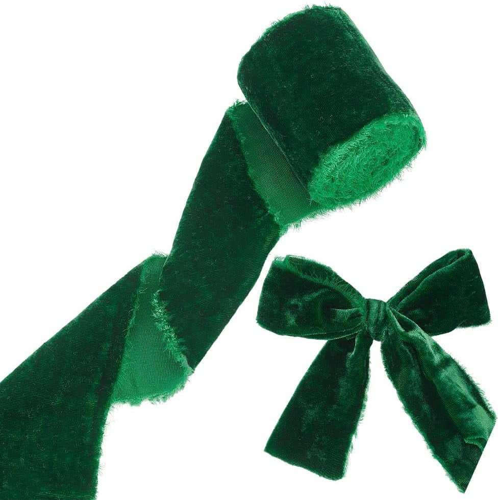 3 Yards Dark Green Velvet Ribbon 3 Inch Wide Frayed Edge Ribbon Fringe ...