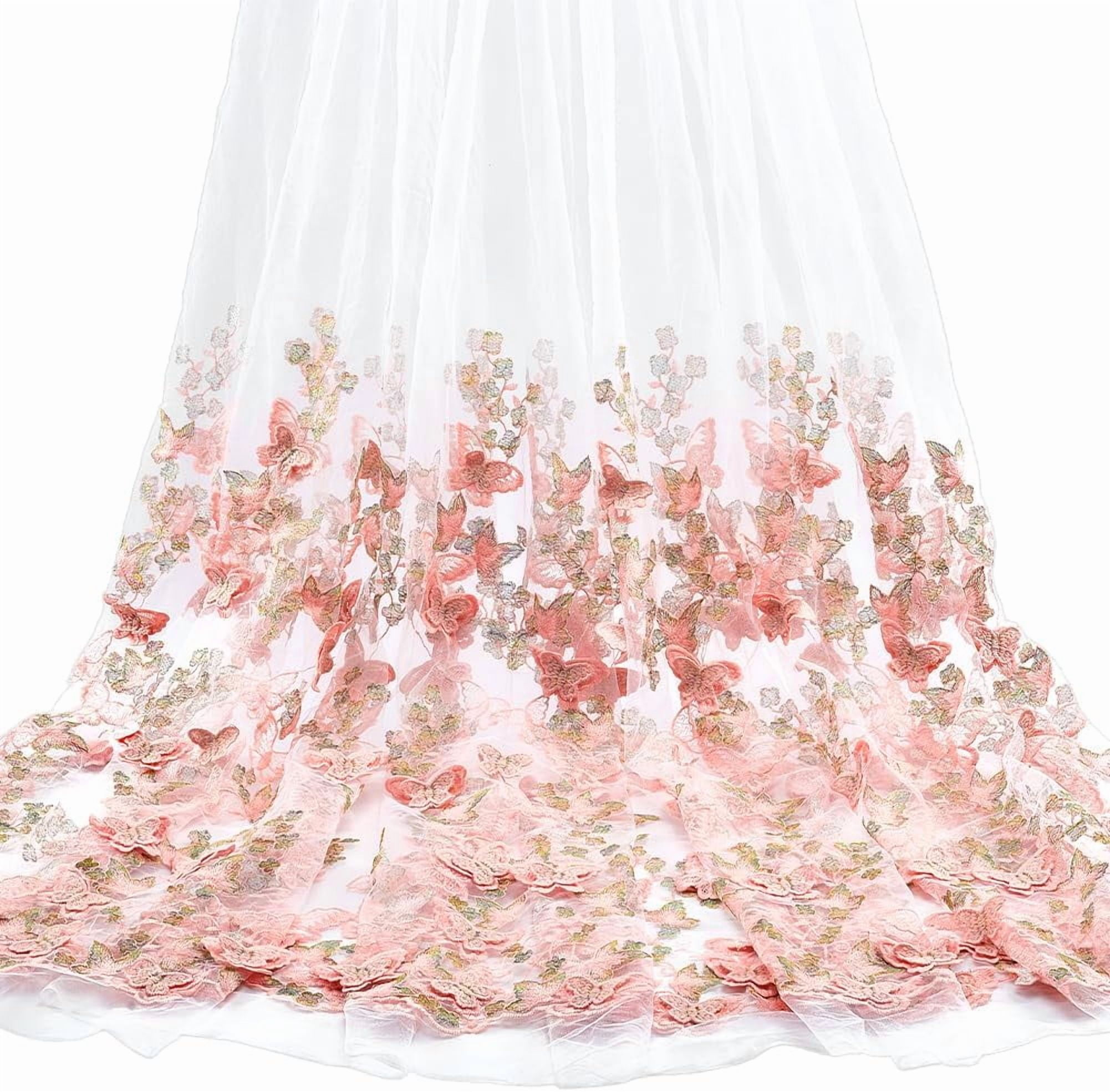3 Yards Pink 3D Butterfly Flower Embroidered Tulle Lace Fabric 68.5inch ...