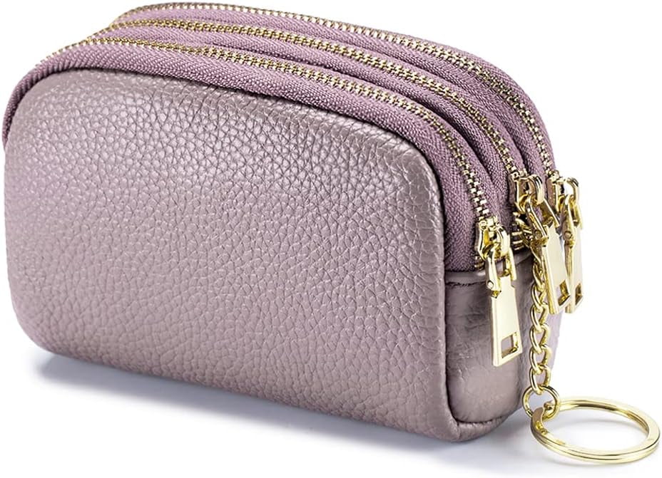 3 Zippered Genuine Leather Coin Purse Triple Capacity Change Pouch ...