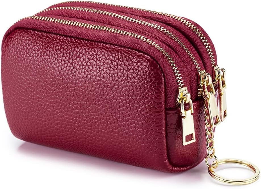 3 Zippered Genuine Leather Coin Purse Triple Capacity Change Pouch ...