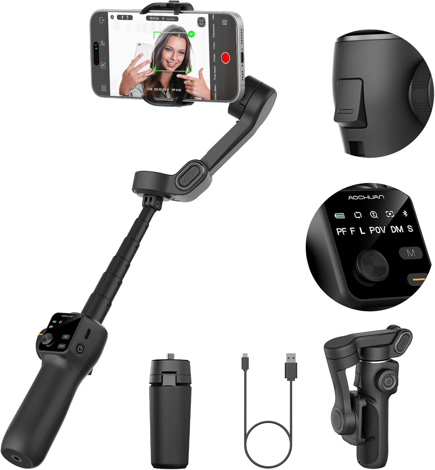3-axis Gimbal Stabilizer for iPhone w/Built-in 7.8' Extension Rod ...