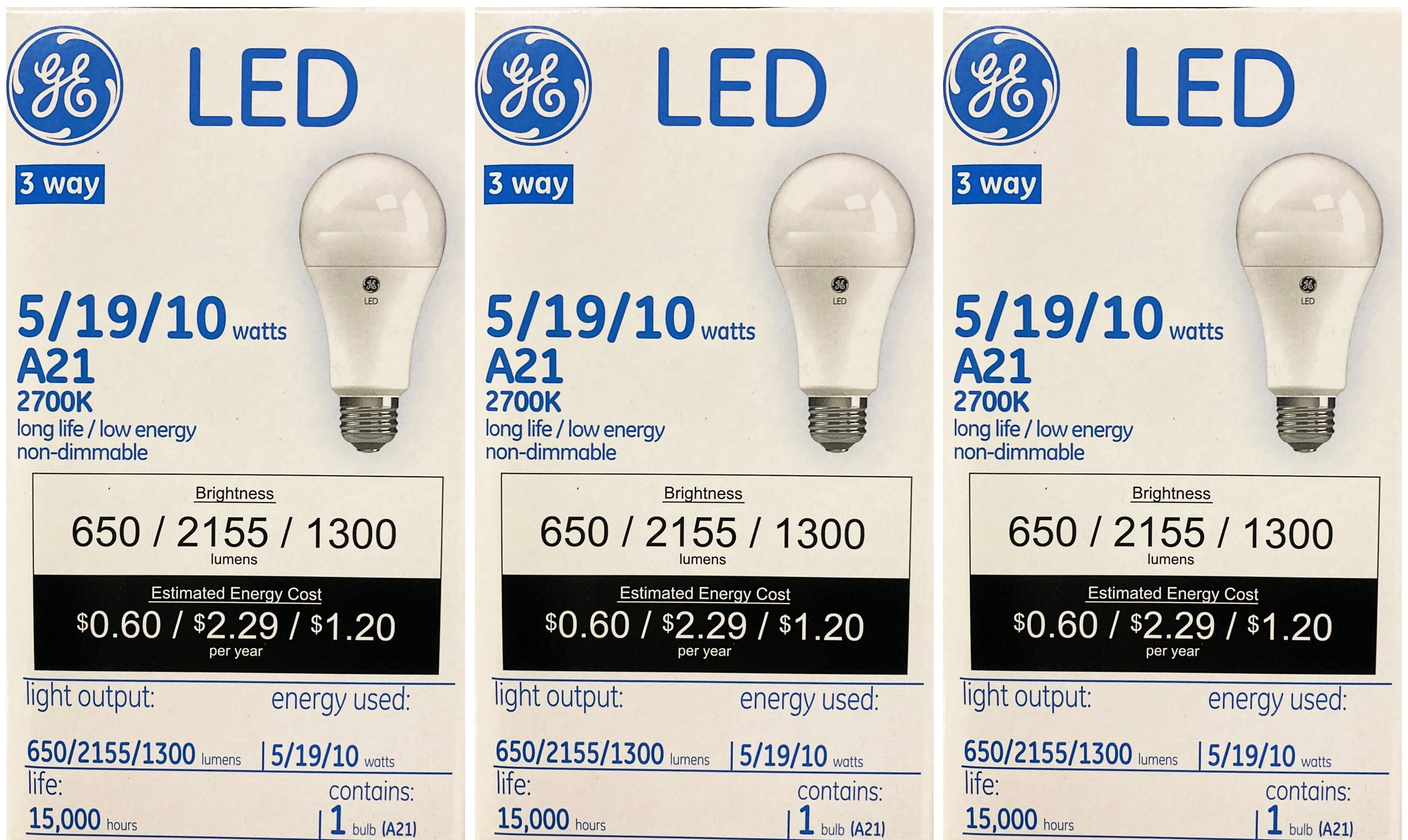 (3 bulbs) GE 38563 A21 3 way LED light bulb, 5w/19w/10w classic shape ...