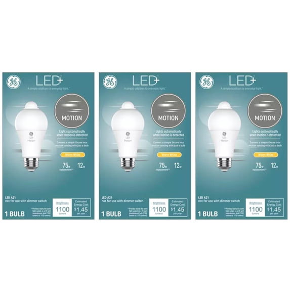 (3 bulbs) GE LED+ Motion Sensing LED Light Bulb, 12 watts, 1100 lumens ...