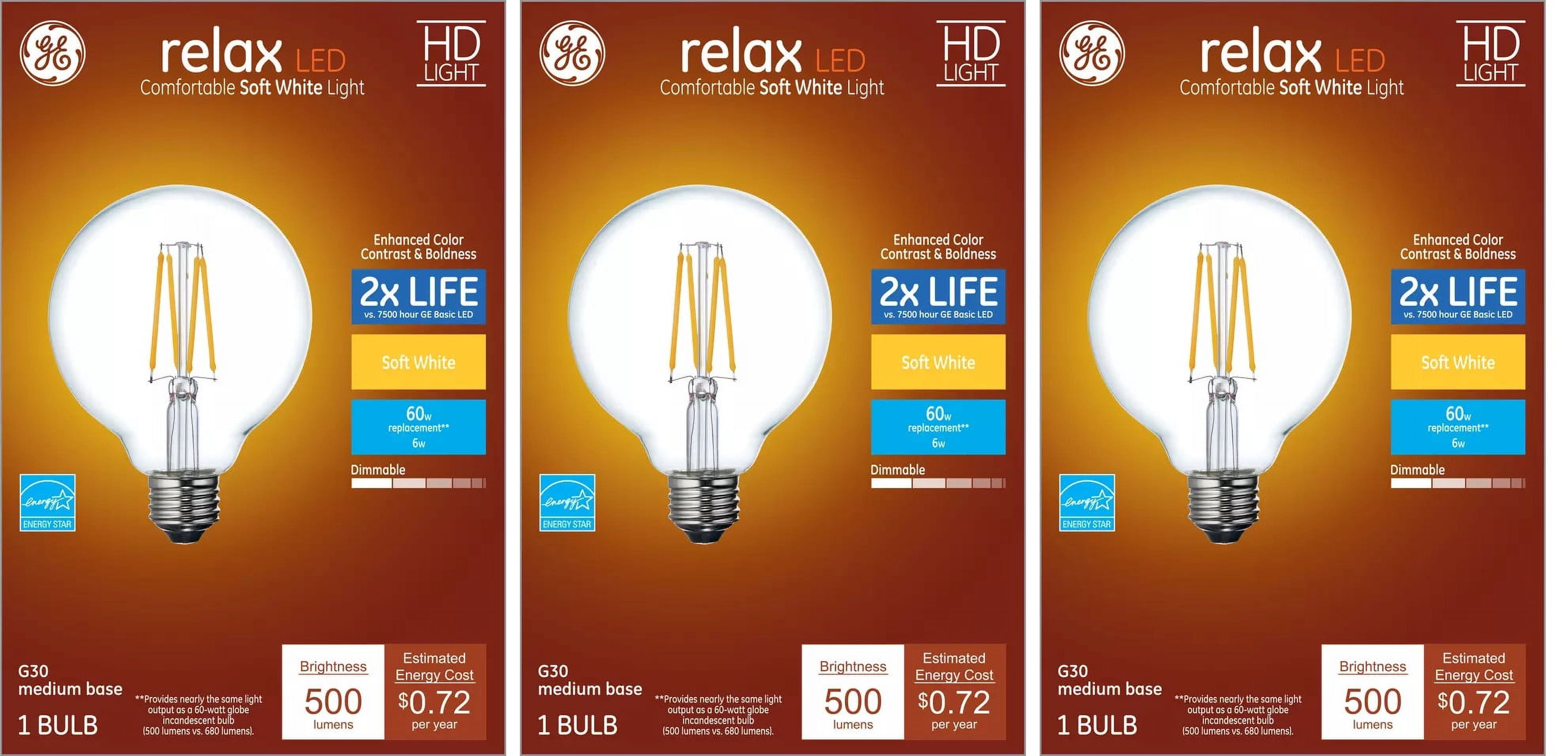 (3 bulbs) GE Relax LED G30 Vanity Globe, soft white, 6 watt, 500 lumen ...