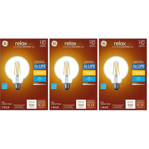 (3 bulbs) GE Relax LED G30 Vanity Globe, soft white, 6 watt, 500 lumen ...