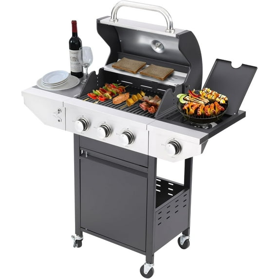 3-burner propane grill, 37,000 BTU with side-fire function. Stainless ...