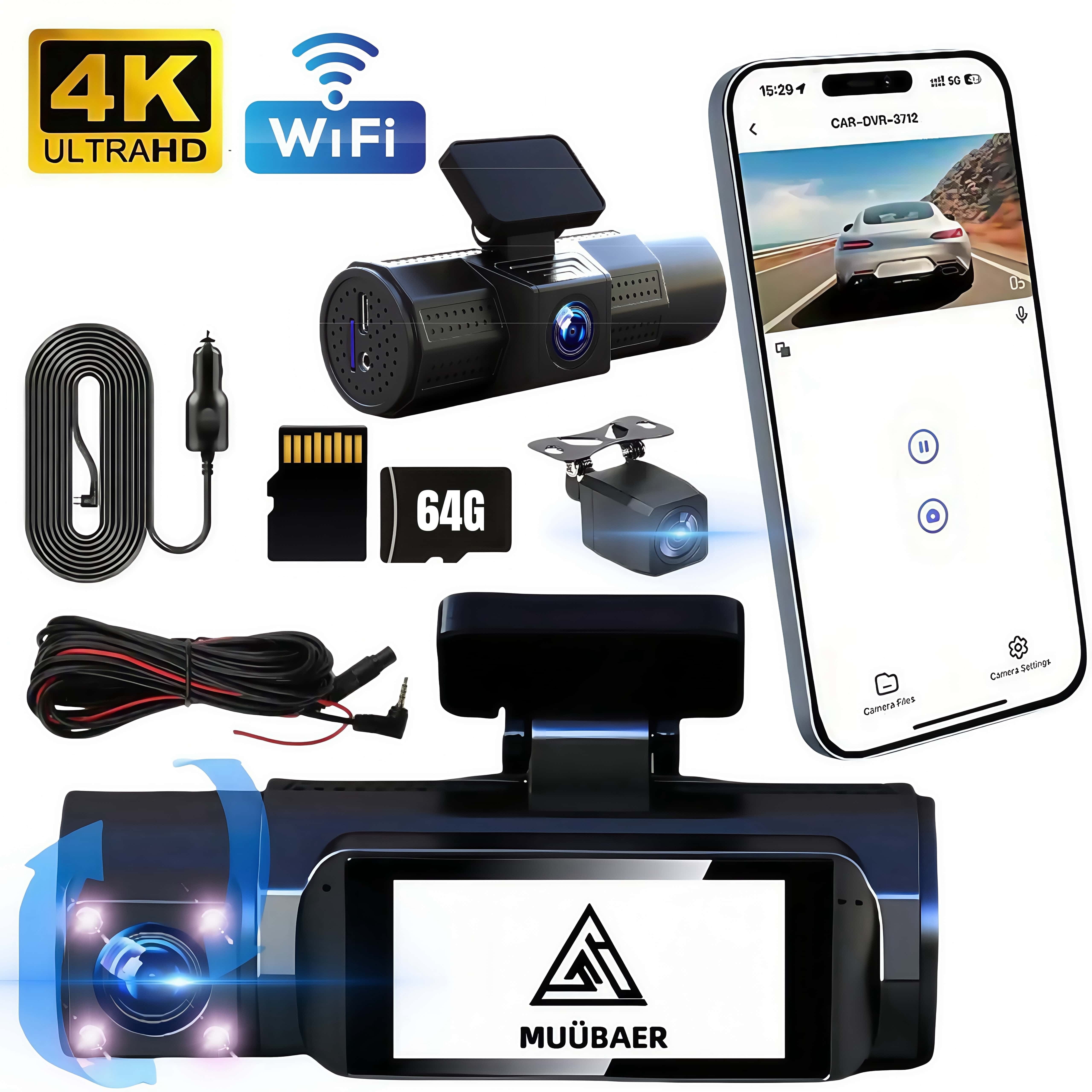 MUUBAER three camera 4K+1K+1K full HD car camera with WiFi, infrared ...