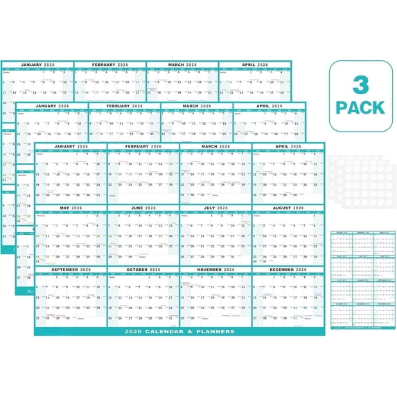 3 count 32" x 48" 2026 Wall Calendar, Folded Wet & Dry Erase Wall ...