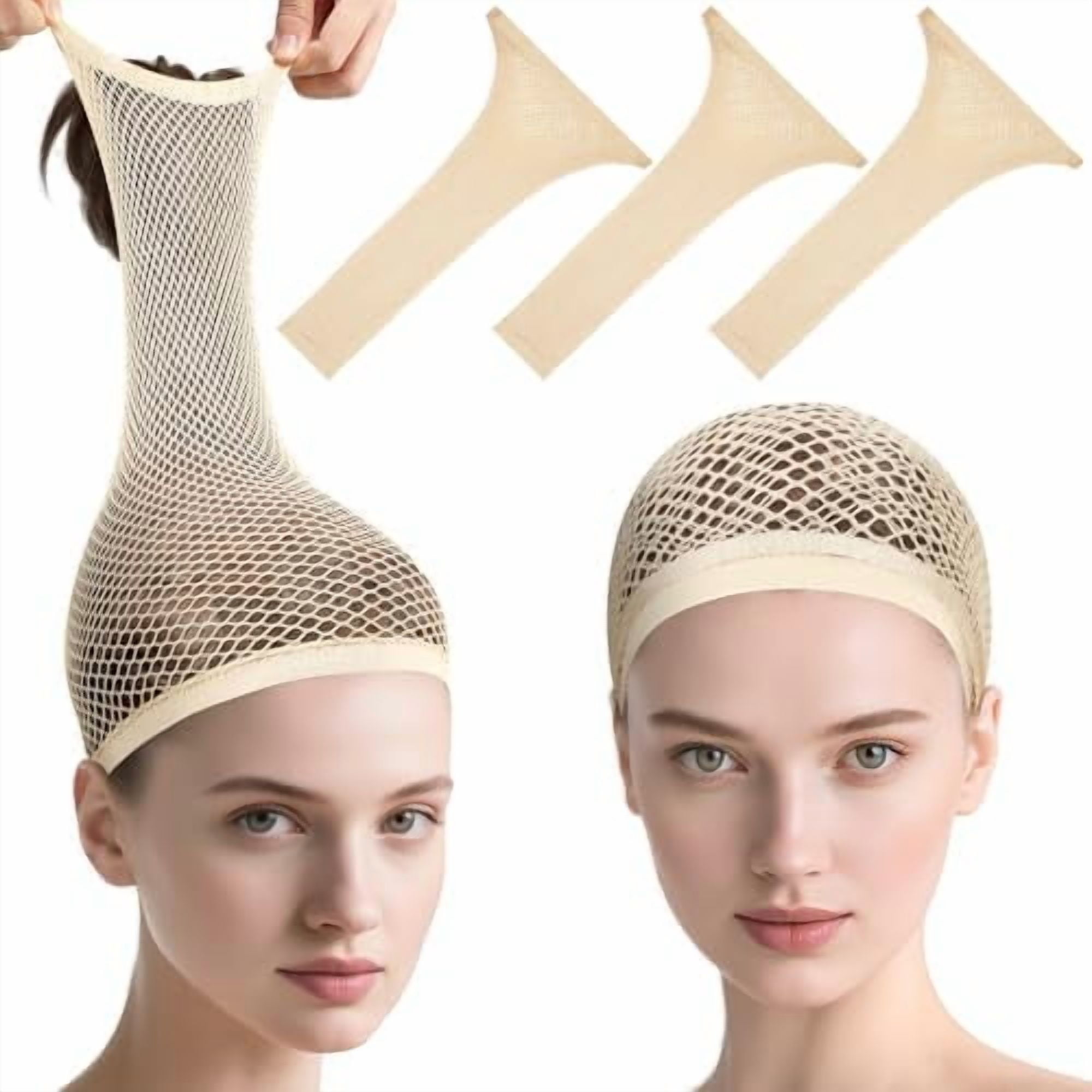 3 count Beige Wig Caps for Long Hair, Nylon Hair Nets for Women, Mesh ...