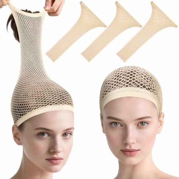 3 count Beige Wig Caps for Long Hair, Nylon Hair Nets for Women, Mesh ...