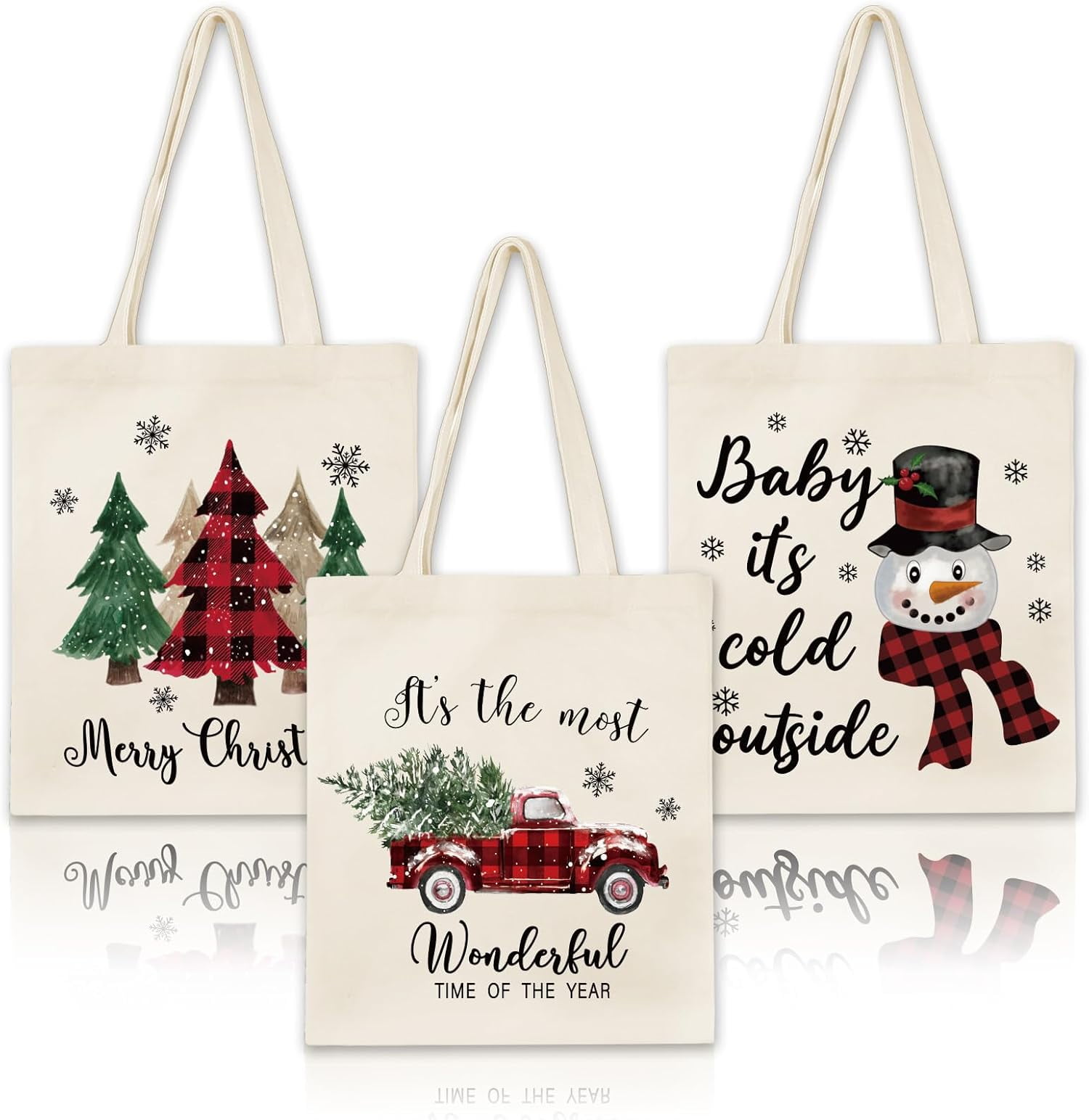 3 count Christmas Canvas Tote Bags Plaid Xmas Tree Snowman Grocery ...