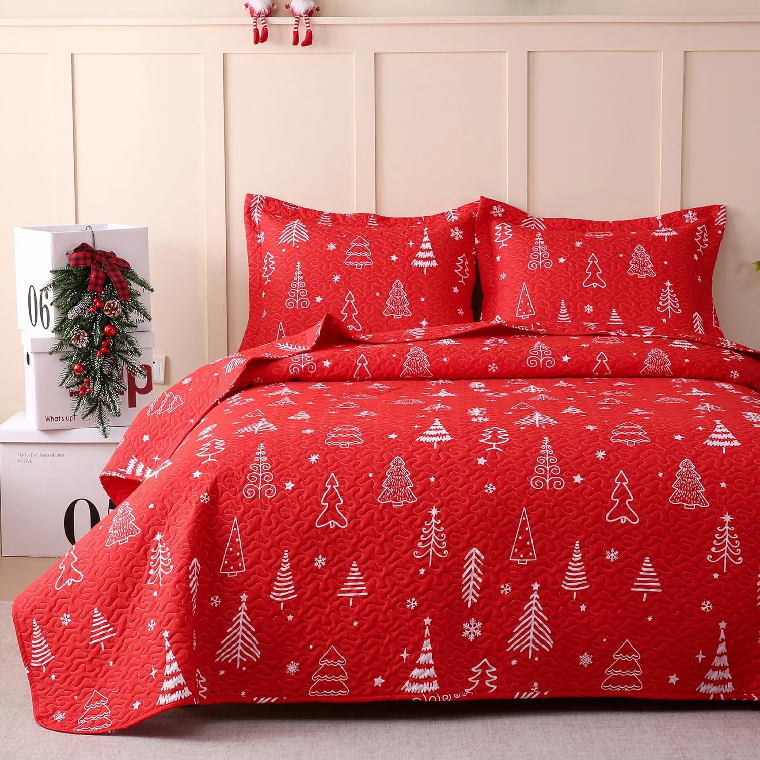 3 count Christmas Quilt Set Full/, Red Christmas Tree Bedding, Soft ...