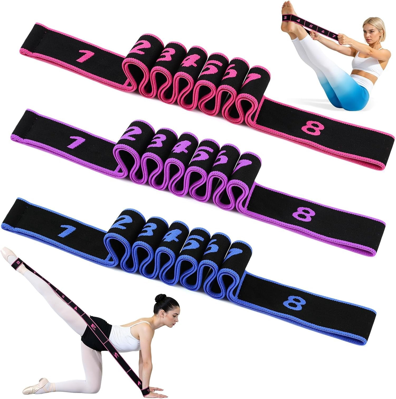 3 count Fitness Resistance Band for Stretching and Yoga, 8-Section ...