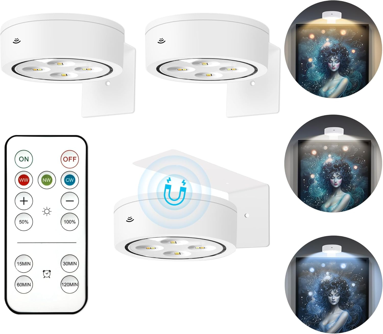 3 count Picture Light Operated, Led Painting Light with Remote Dimmable ...