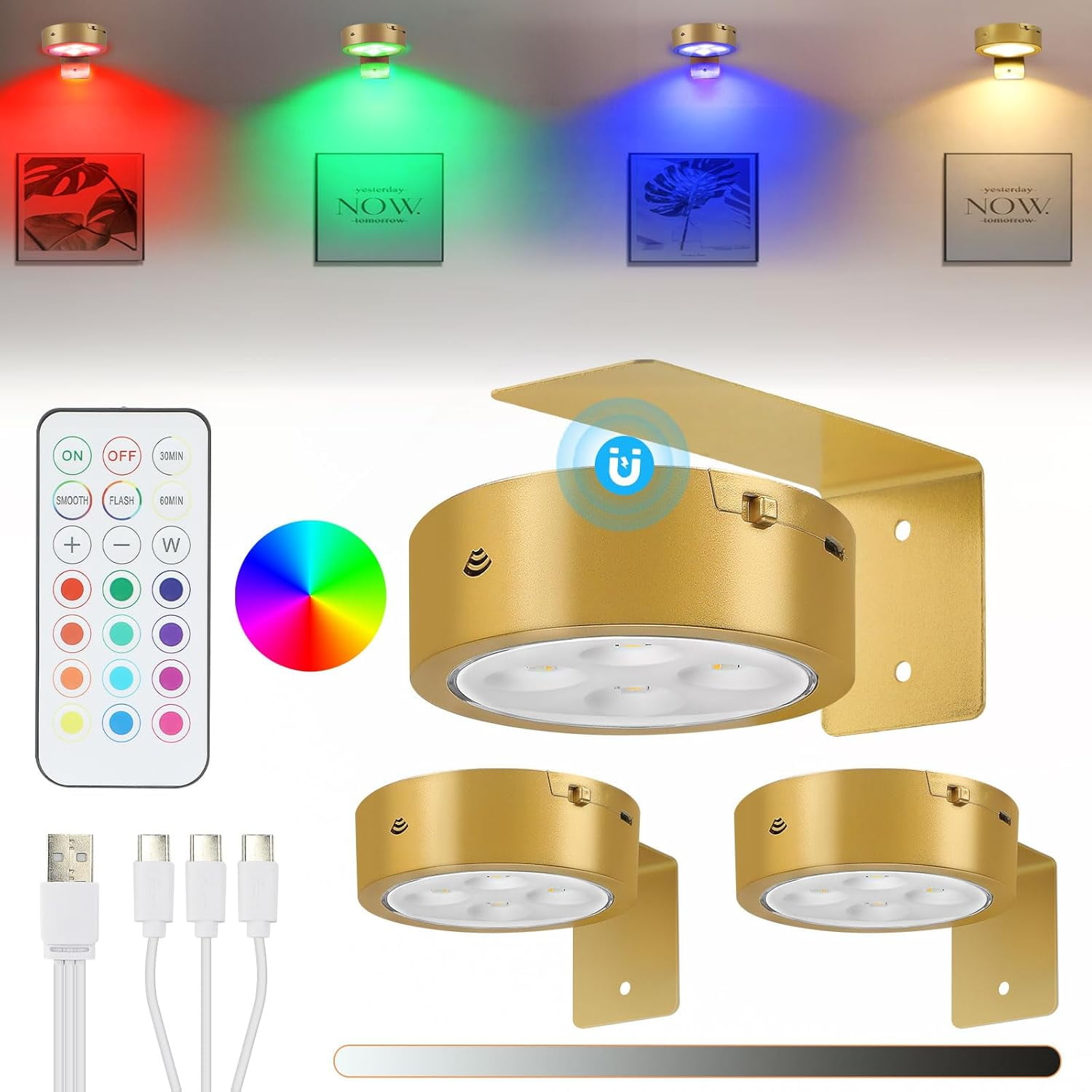 3 count Picture Lights,13 Color Art Display Light Operated Wall Lights ...