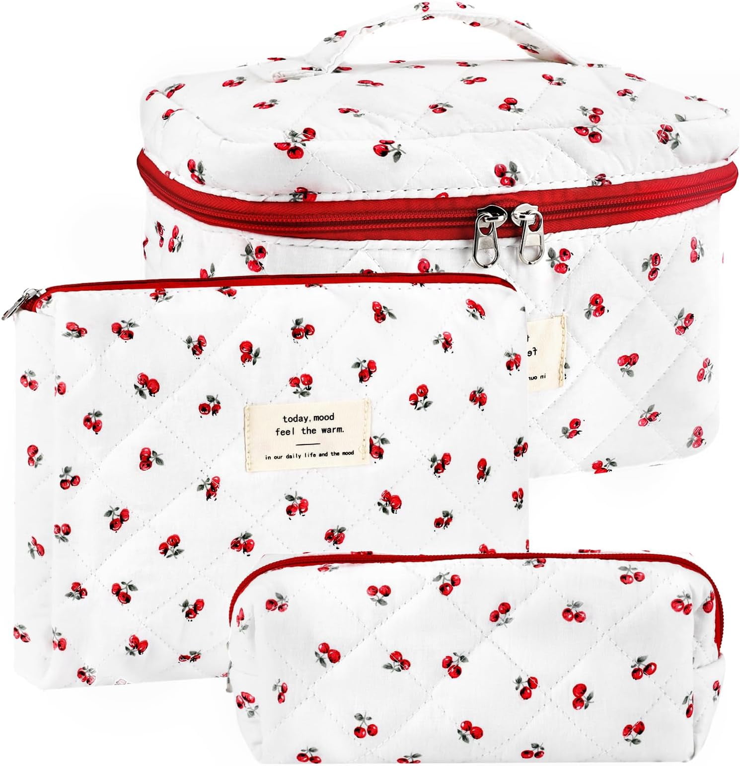 3 count Quilted Makeup Bag for Women Small Floral Travel Bag Set Cute ...