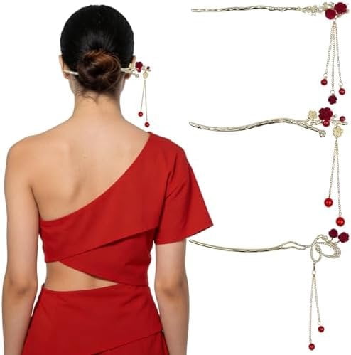3 count Retro Chinese Metal Hair Sticks with Red Flower Jade Dangles ...
