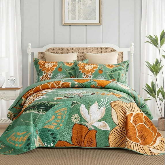 3 count Sage Boho Floral Full/ Quilt Sets Farmhouse Botanical ...