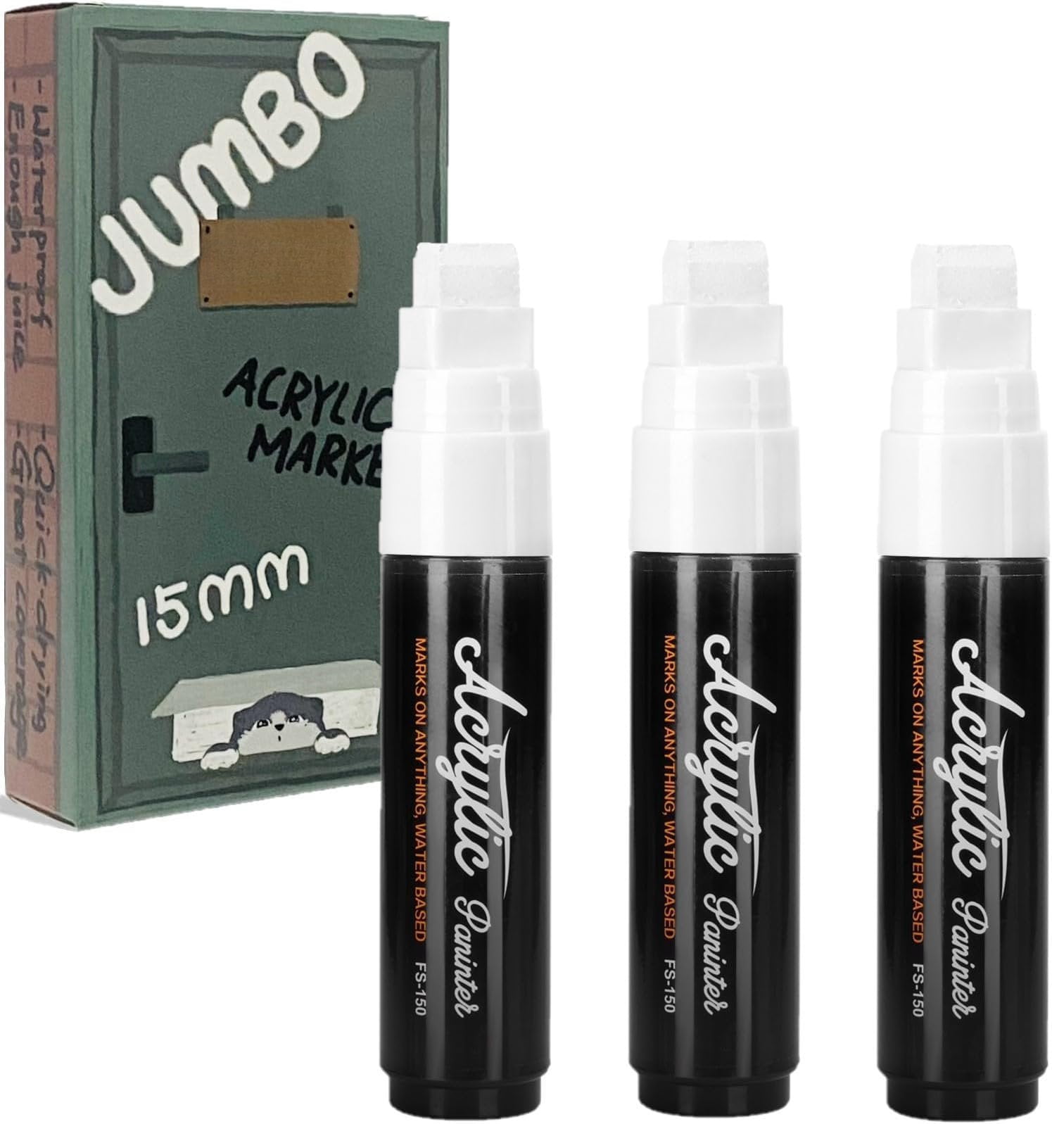 3 count White Arcylic Markers Pen, 15mm Thick Wide Tip Water Based ...